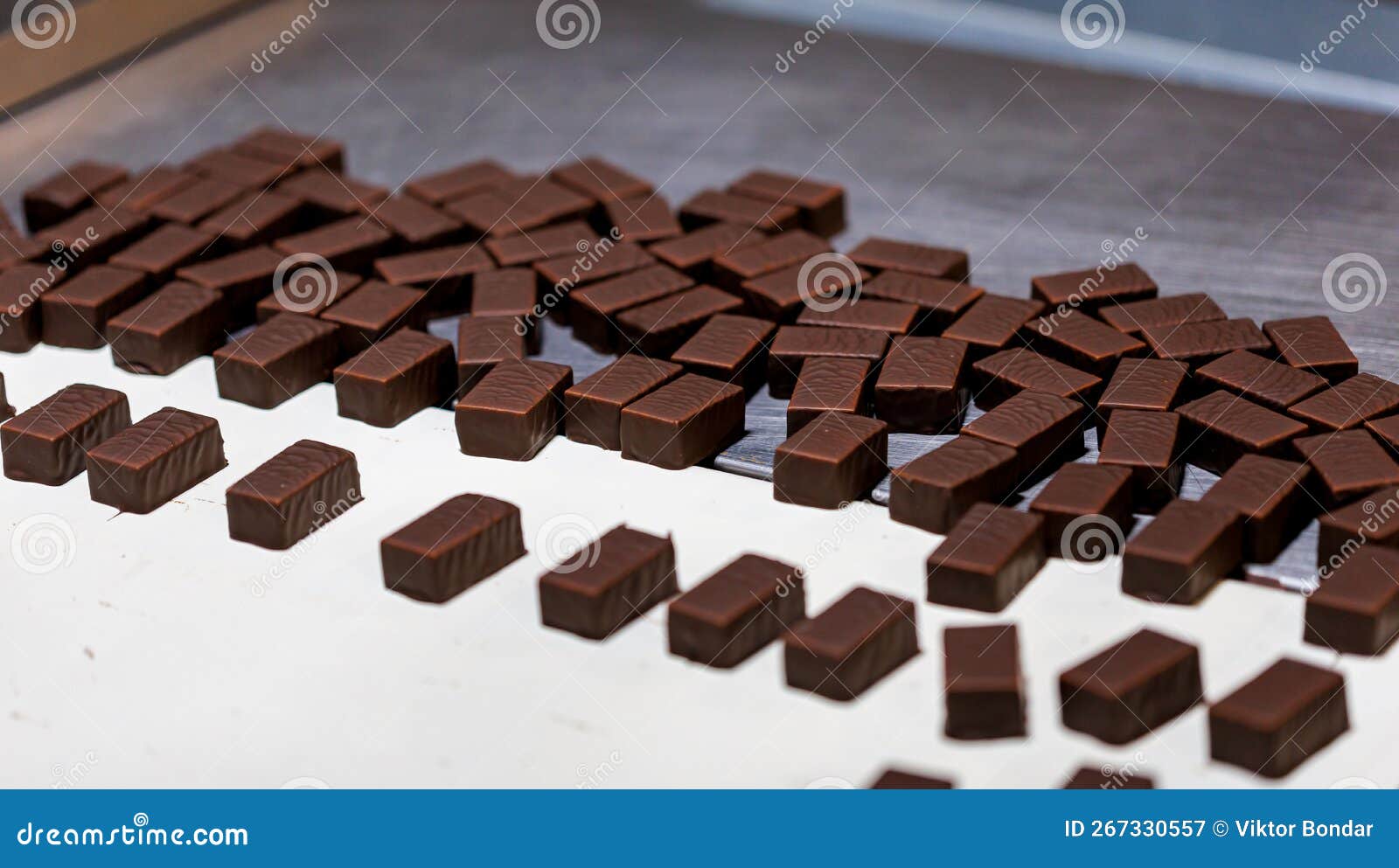 Production of Chocolate Candy. Sweets on Conveyor Belt at Factory Stock ...