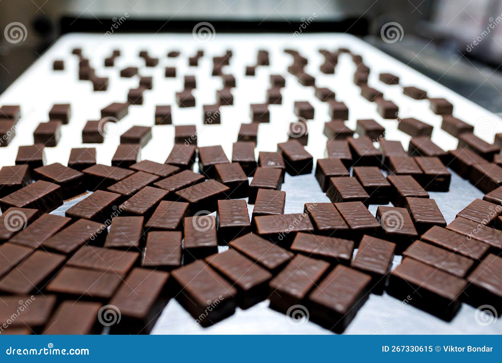 Production of Chocolate Candy. Sweets on Conveyor Belt at Factory Stock ...