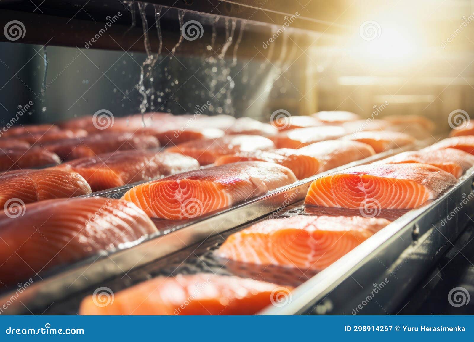A Production Line of Fresh Salmon Fillets at a Fish Processing Factory ...