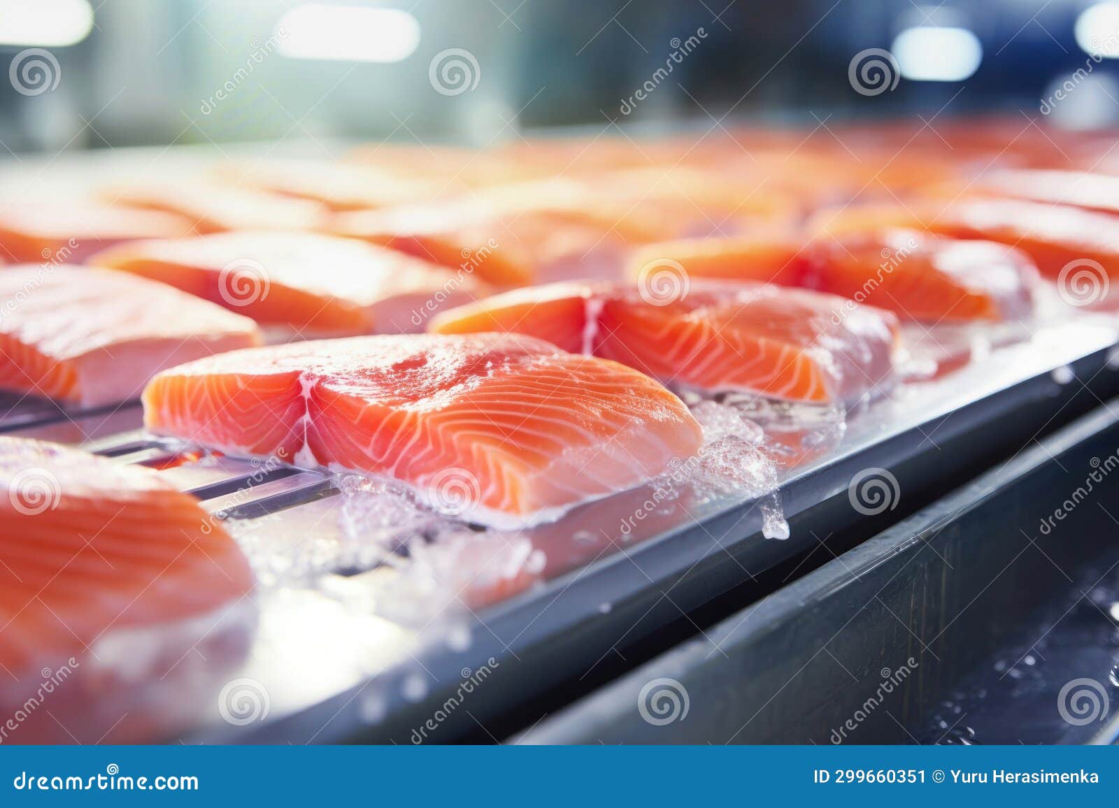 A Production Line of Fresh Salmon Fillets at a Fish Processing Factory ...