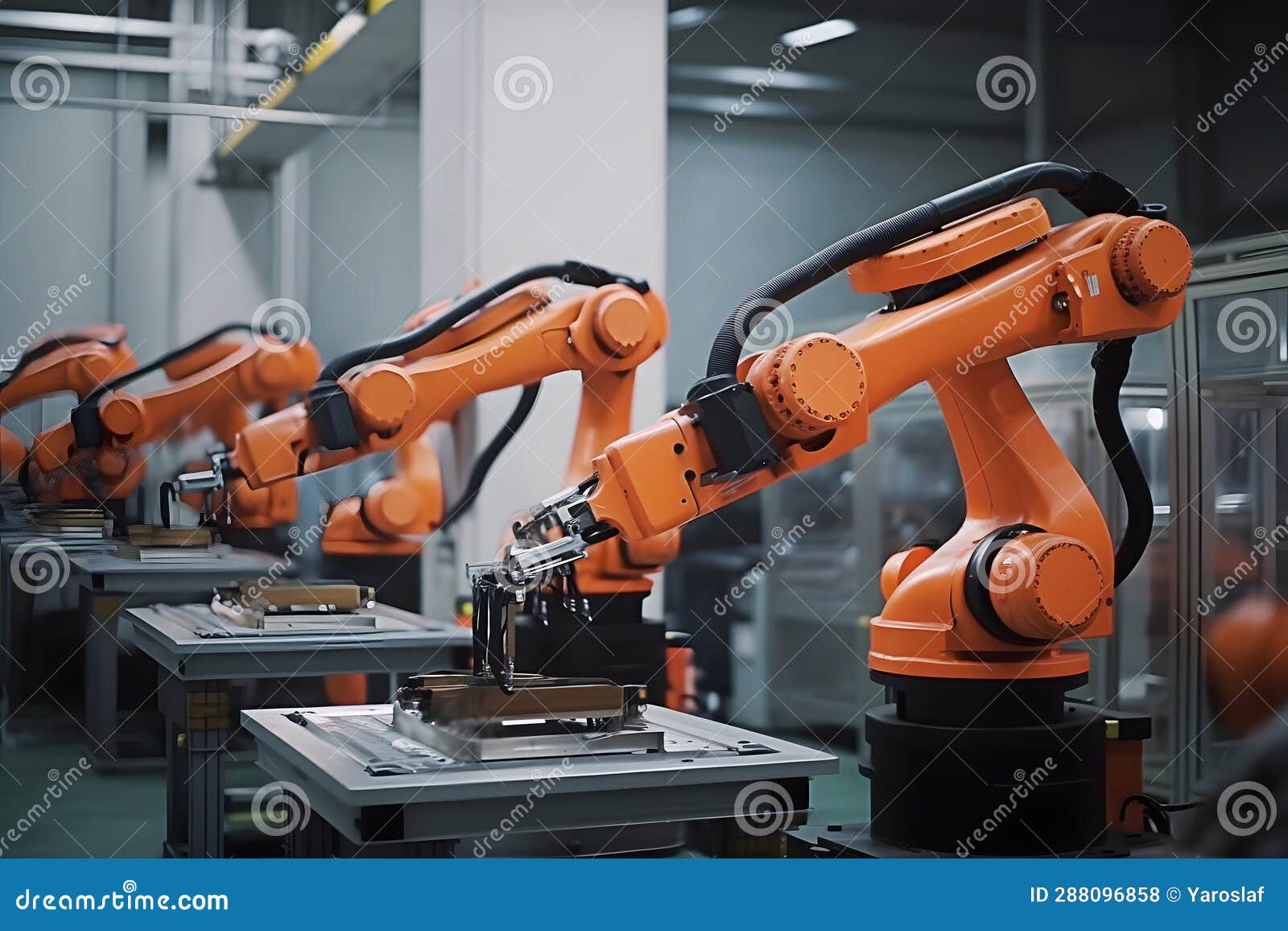Production Line of Orange Robots at the Enterprise. Stock Illustration ...