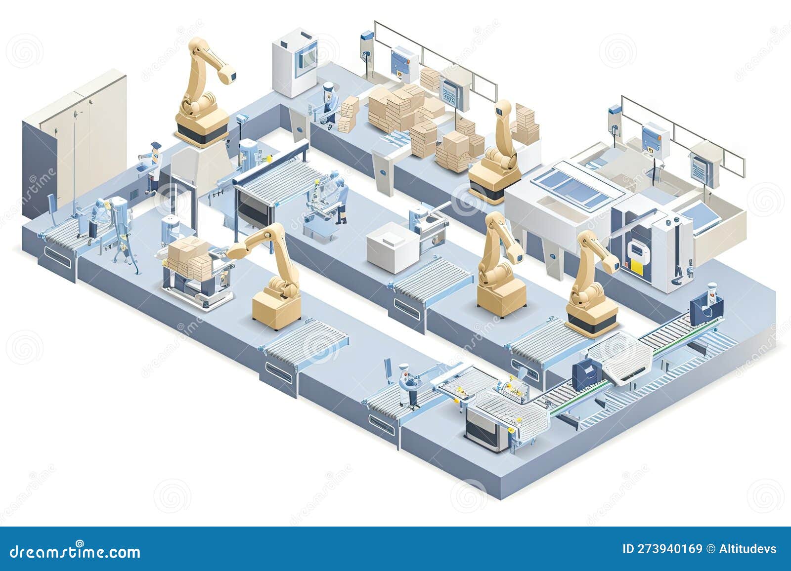 Production Line With Robots Performing Various Tasks In Sequence Stock