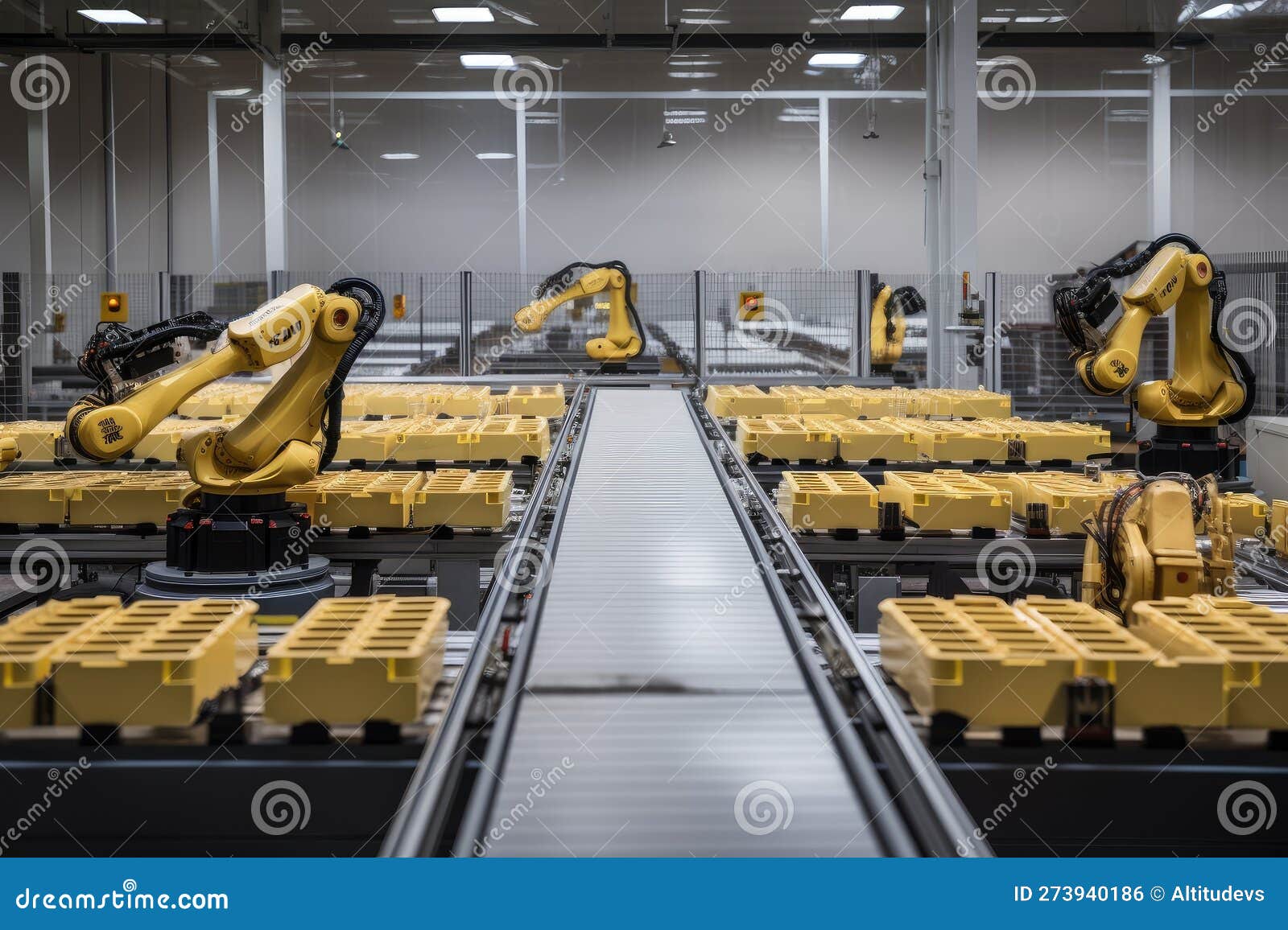 Production Line With Robots Performing Various Tasks In Sequence Stock