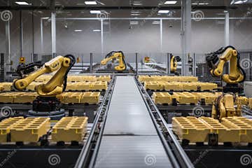 Production Line, with Robots Performing Various Tasks in Sequence Stock ...