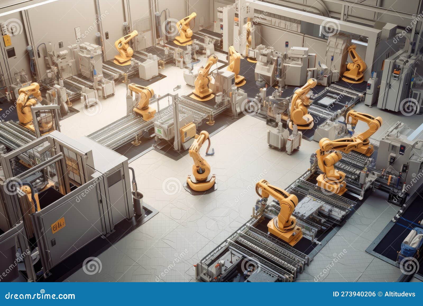 Production Line With Robots Performing Various Tasks In Sequence Stock