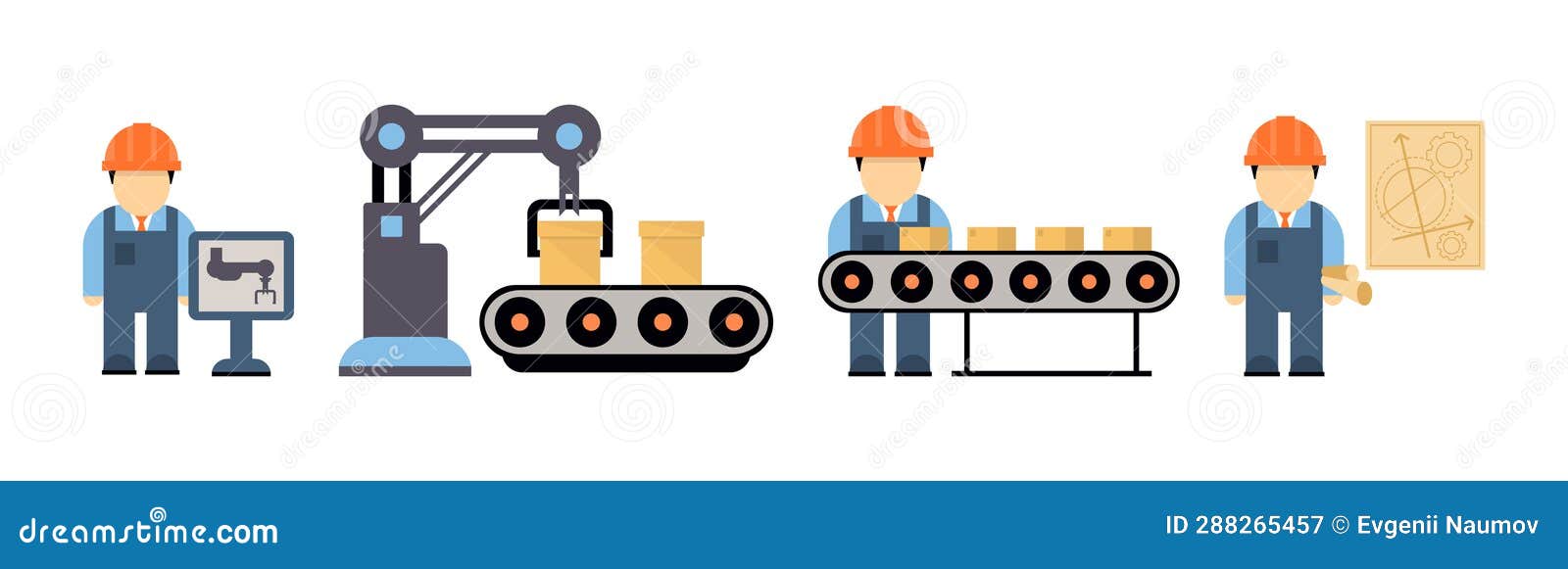Production Process with Machine Operator Man in Hard Hat Icons Vector ...