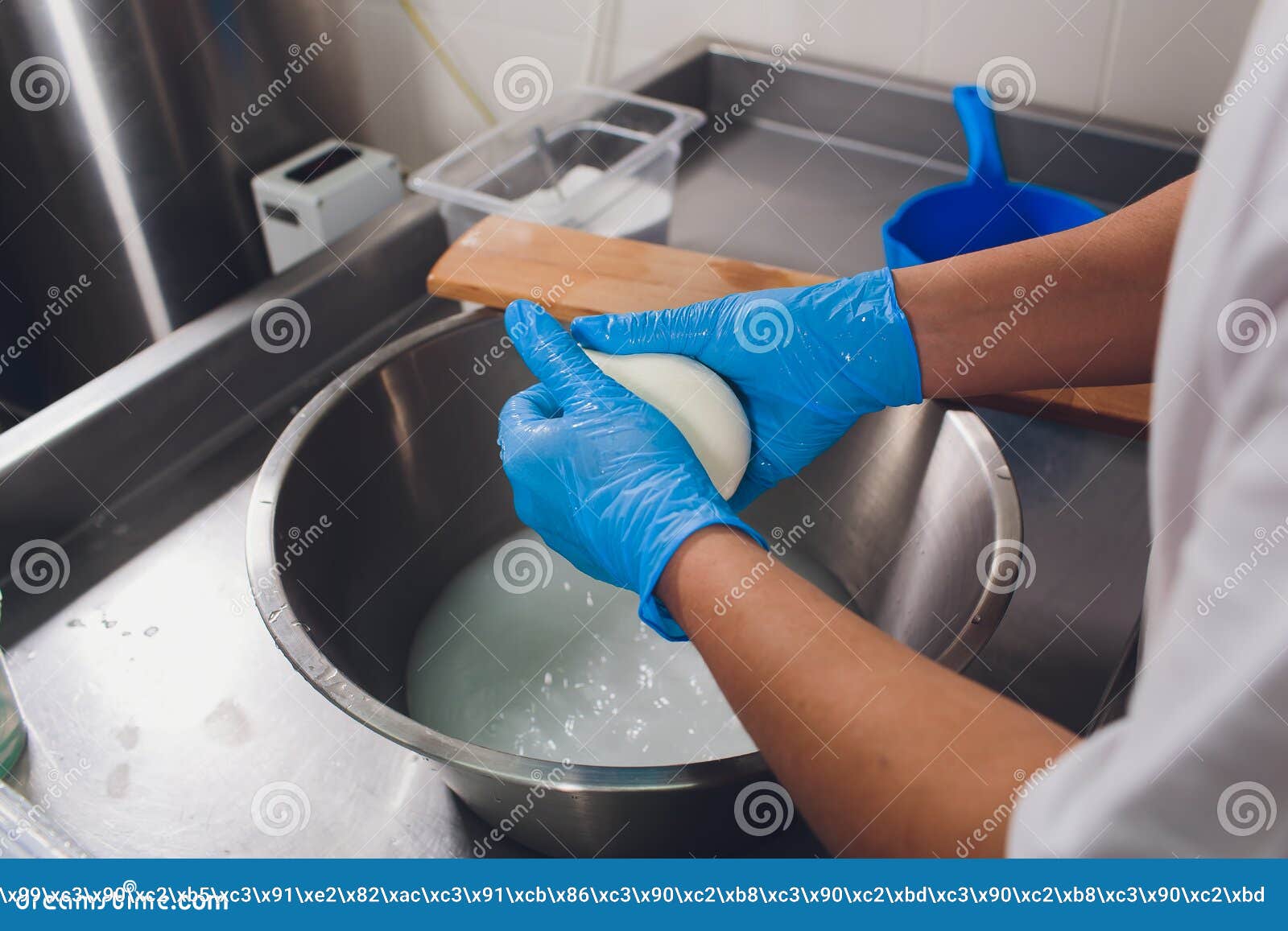 Production Process of Mozzarella Cheese, Cheese Making Process. Stock Photo - Image of machinery ...