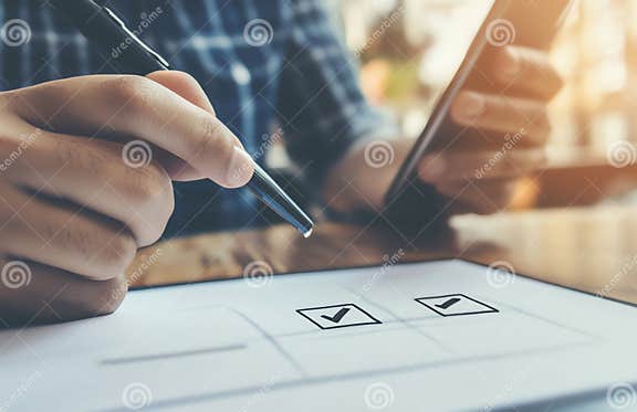 Productive Man Checking Off Tasks on a Notepad and Using a Mobile Phone ...