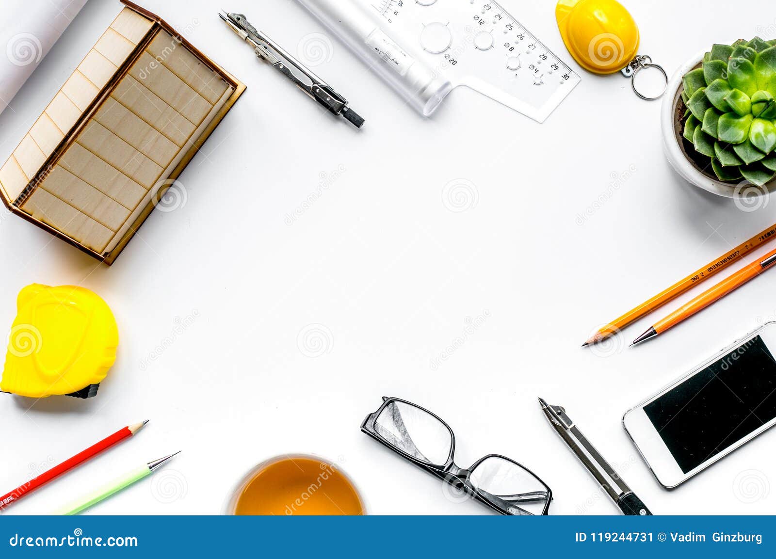 Profession Concept with Architect Desk and Tools White Backgroun Stock ...
