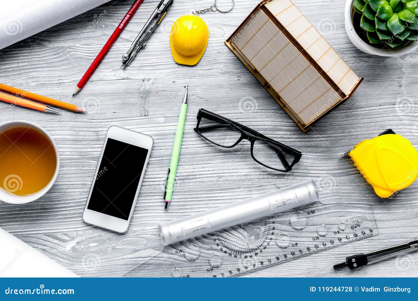 Profession Concept with Architect Desk and Tools Wooden Backgrou Stock ...