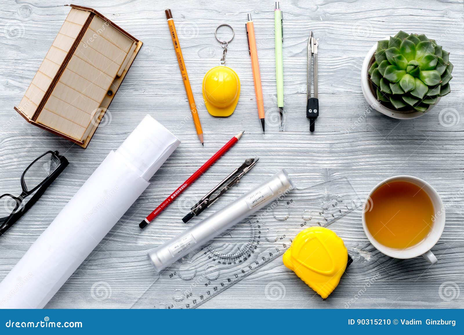 Profession Concept with Architect Desk and Tools Wooden Background Top ...