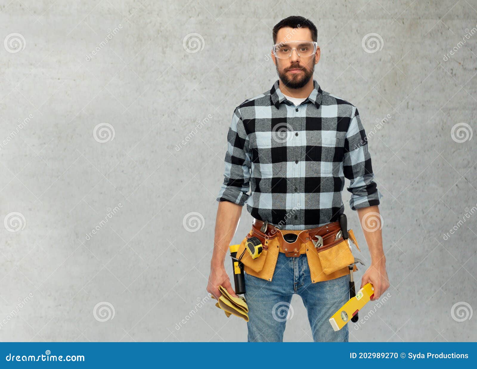 Male Worker or Builder with Tools and Level Stock Photo - Image of ...