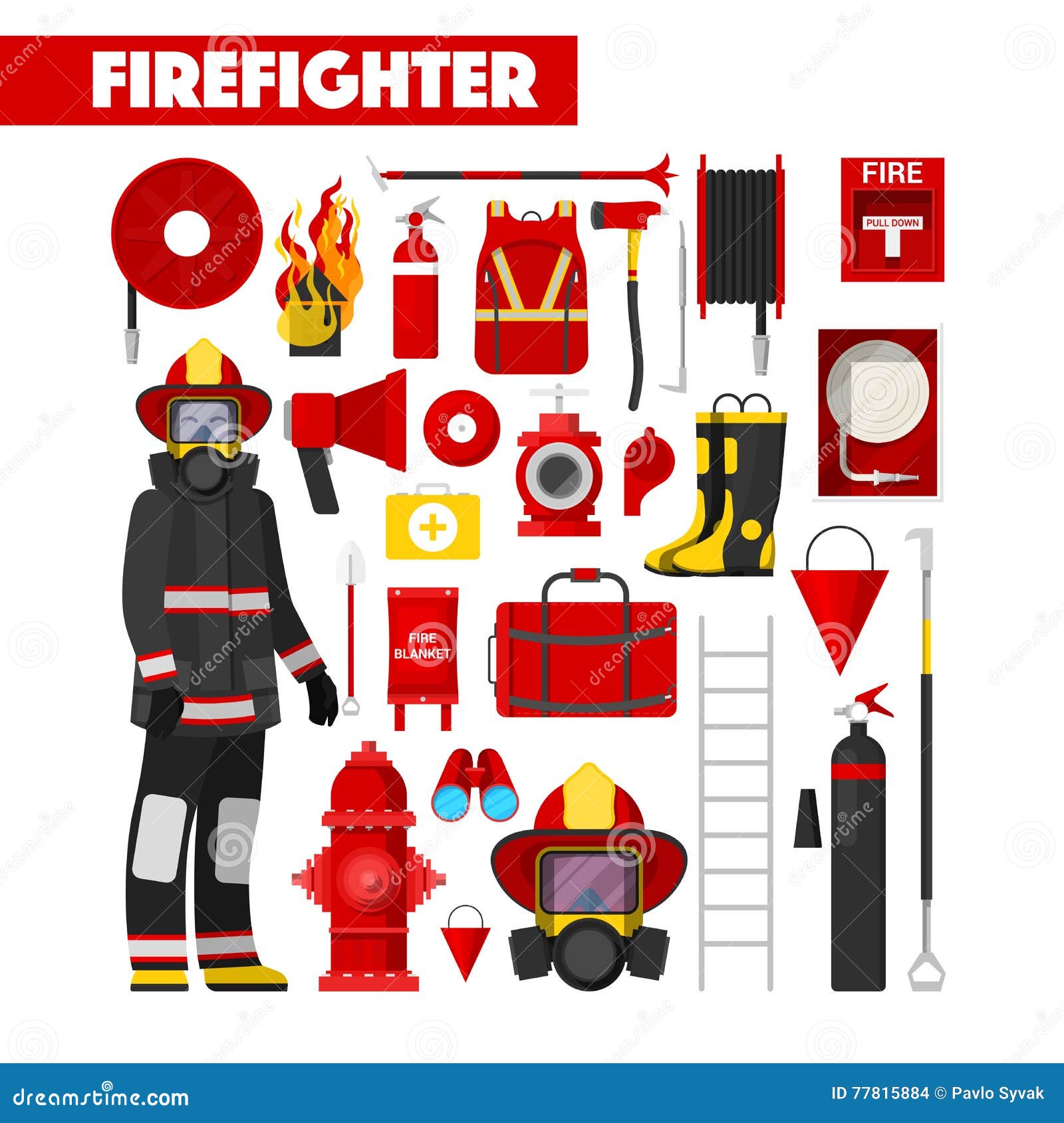 Profession Firefighter Icons Set with Firefighters Equipment Stock ...