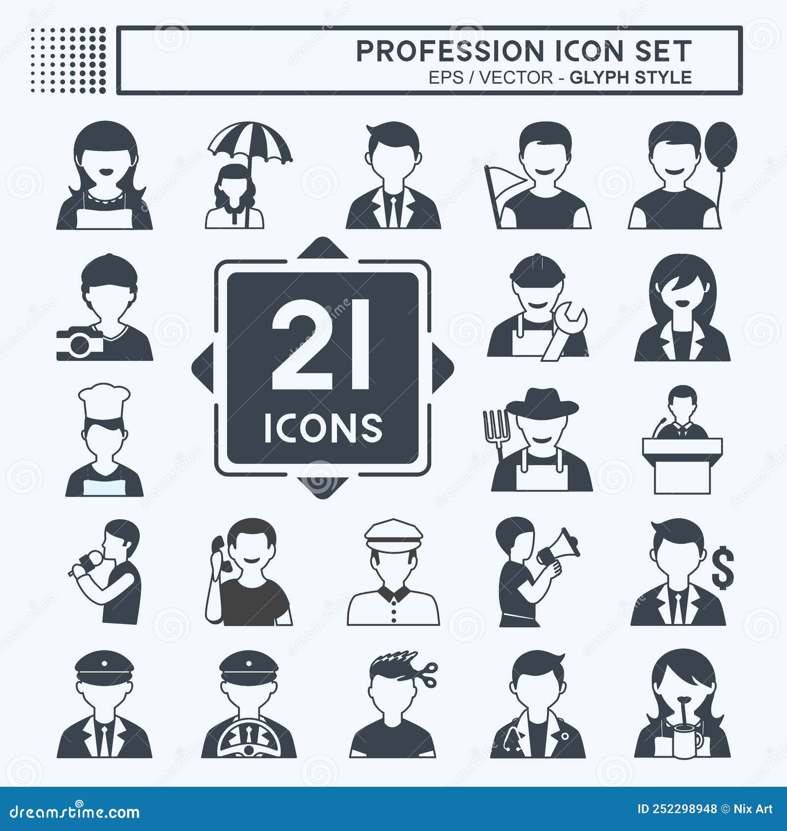 Profession Icon Set in Trendy Glyph Style Isolated on Soft Blue ...