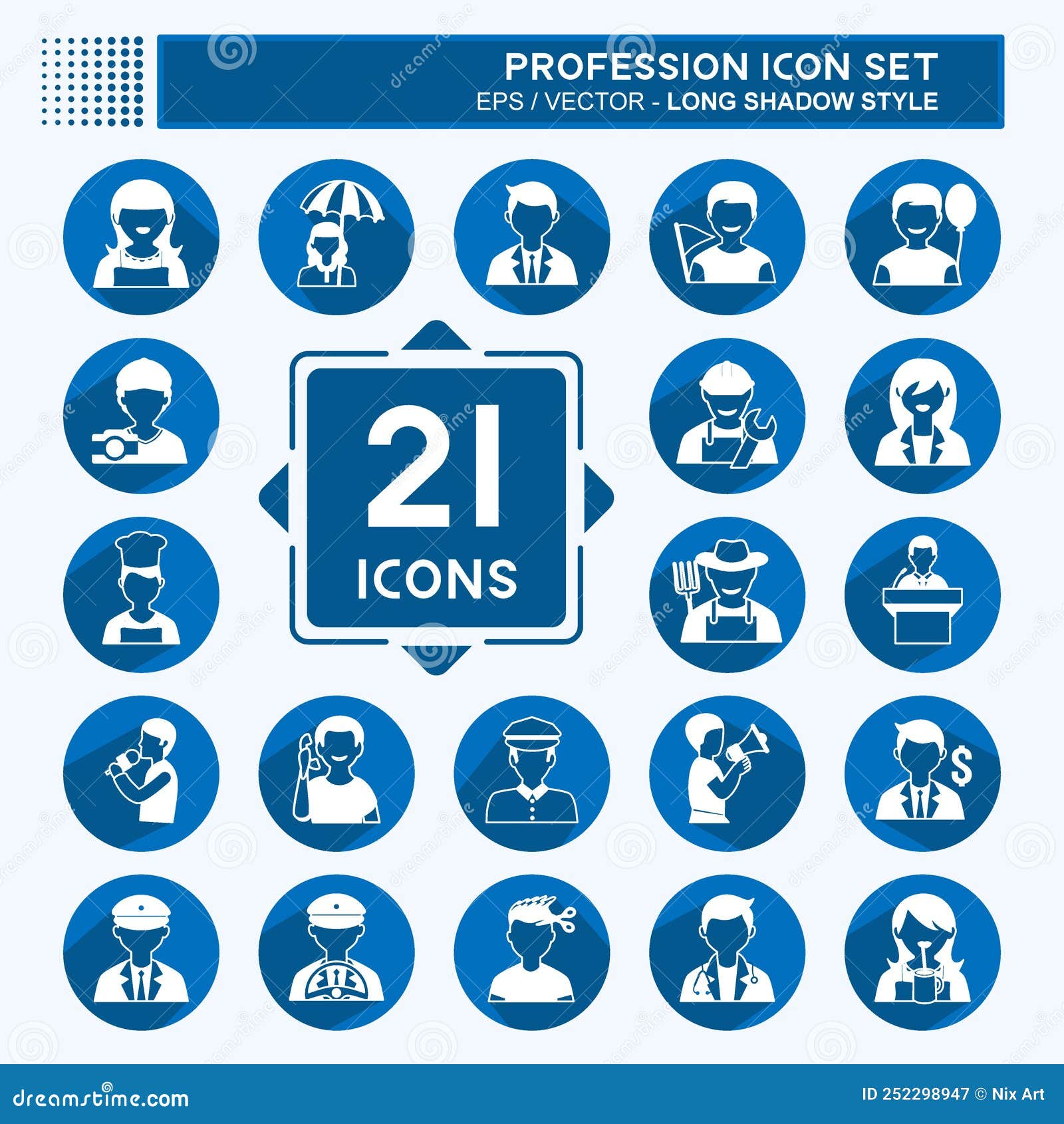 Profession Icon Set in Trendy Long Shadow Style Isolated on Soft Blue ...