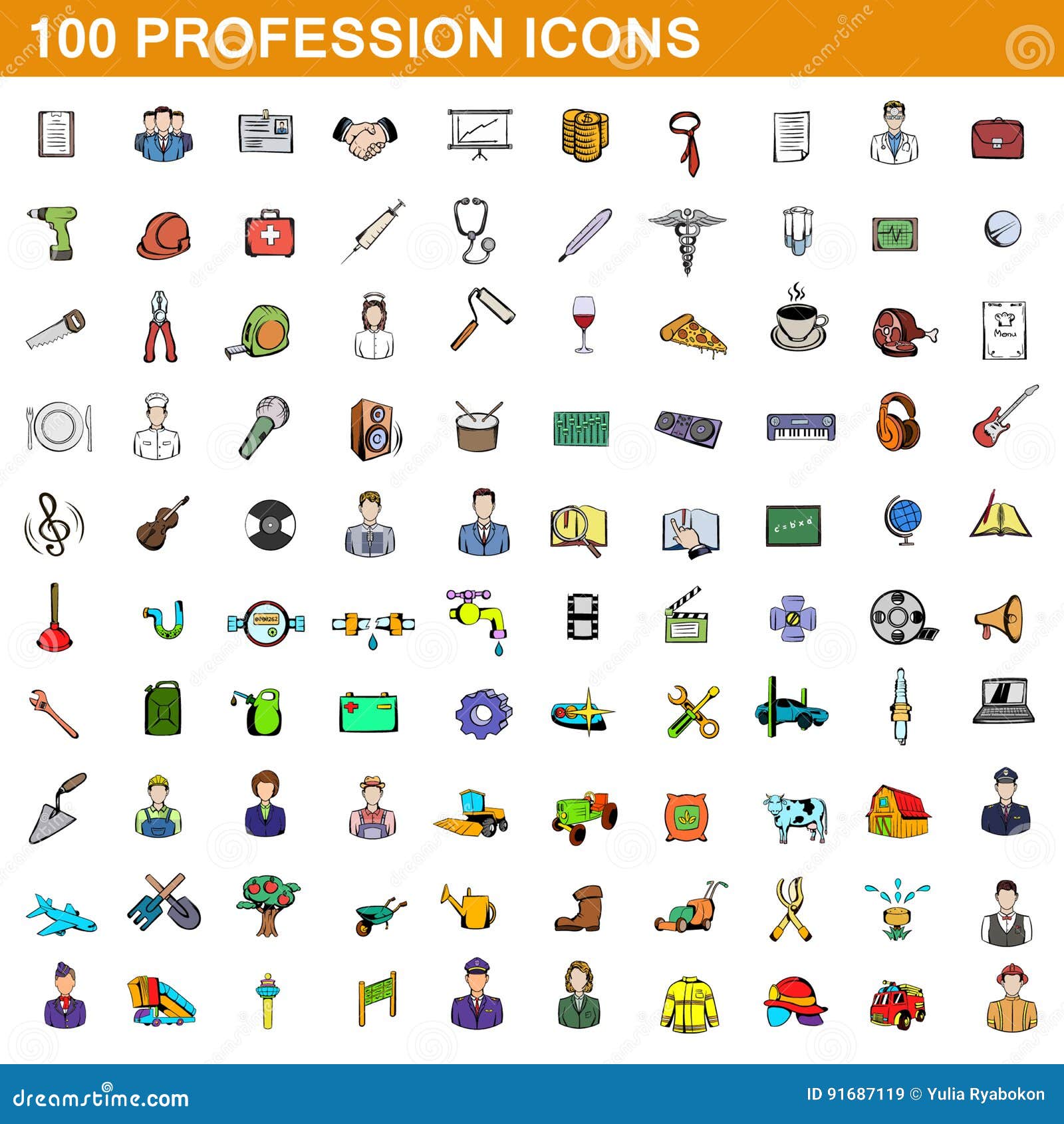 100 Profession Icons Set, Cartoon Style Stock Vector - Illustration of ...