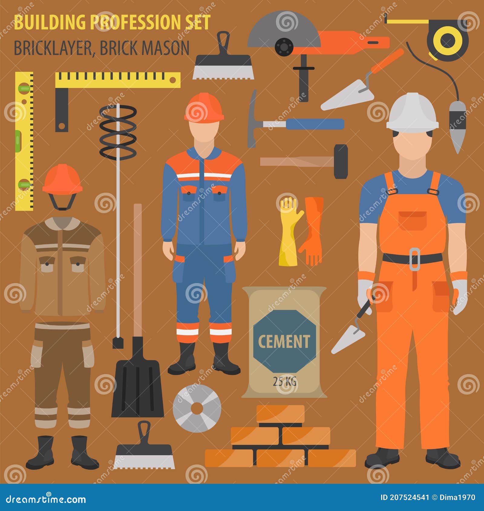 Profession and Occupation Set. Bricklayer, Brick Mason Tools and ...