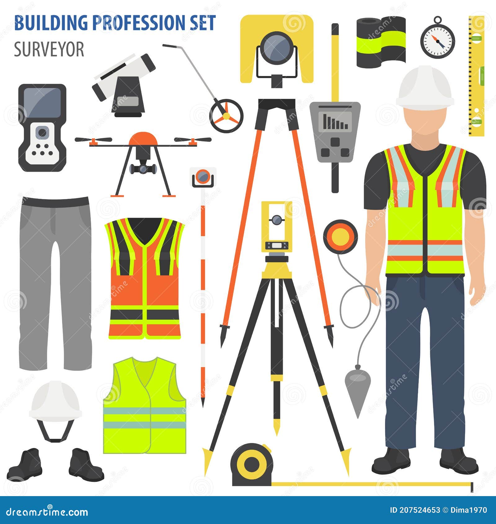 Profession and Occupation Set. Land Surveyor Tools and Equipment Stock ...