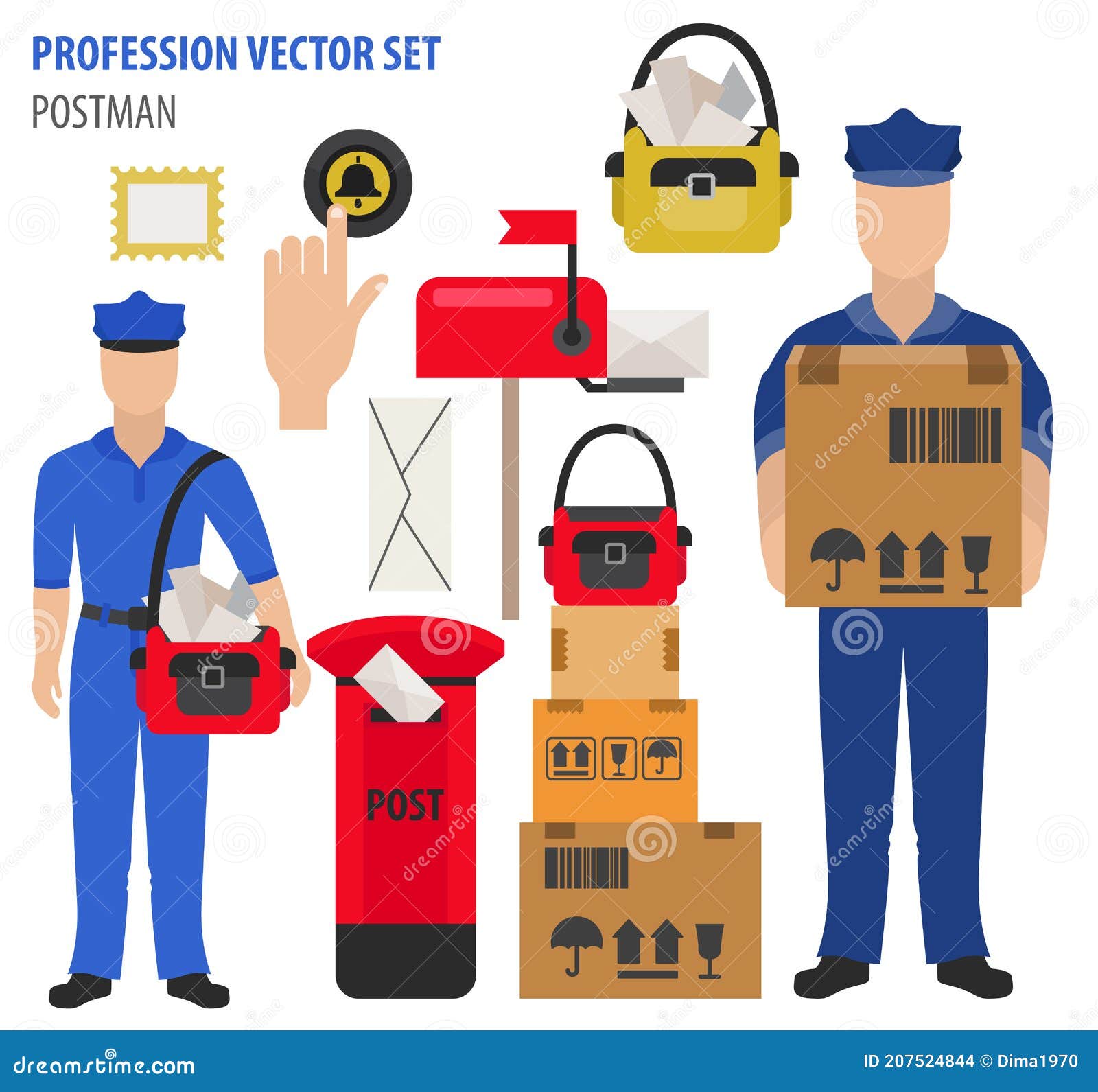 Profession and Occupation Set. Postman`s Equipment, Uniform Flat Design ...