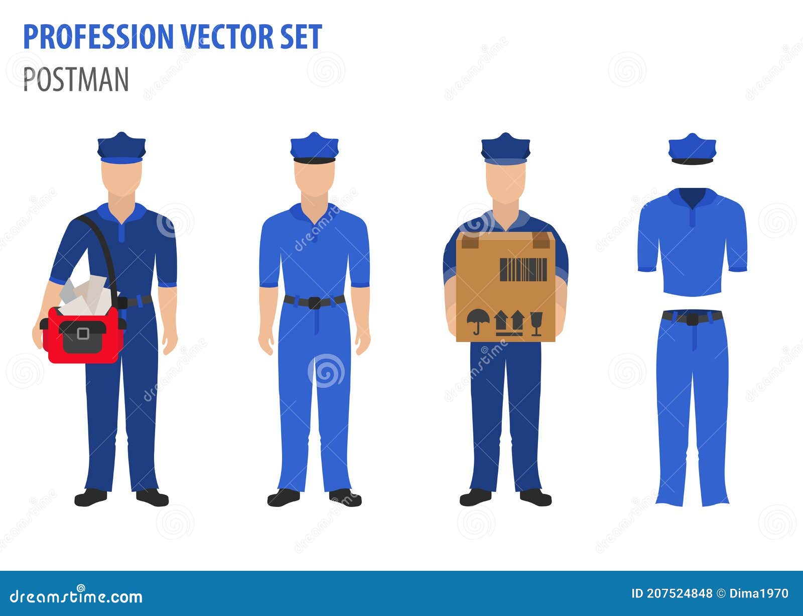 Profession and Occupation Set. Postman`s Equipment, Uniform Flat Design ...