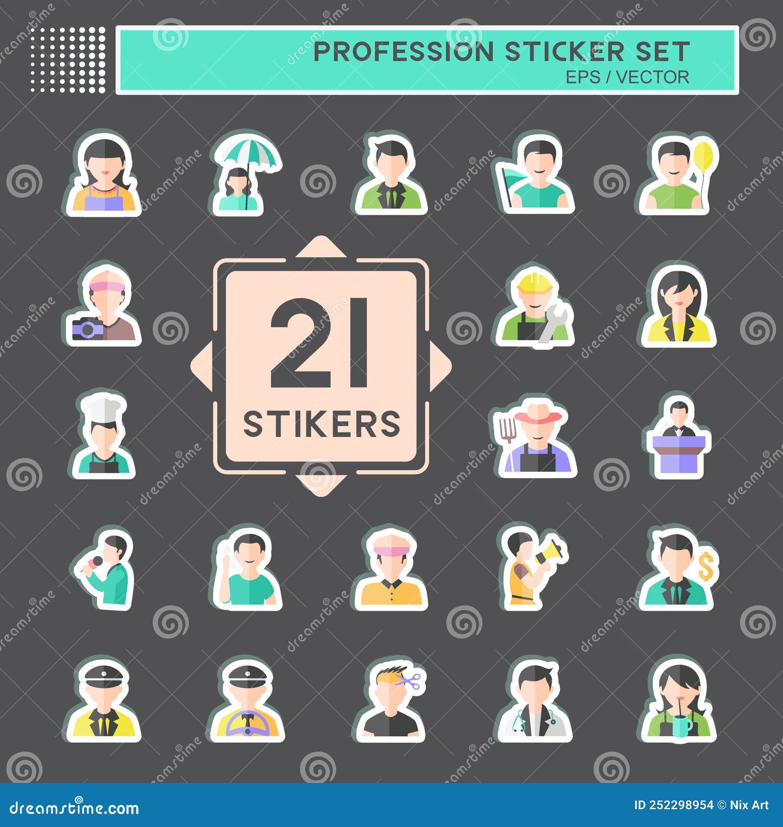 Profession Sticker Set in Trendy Isolated on Black Background Stock ...