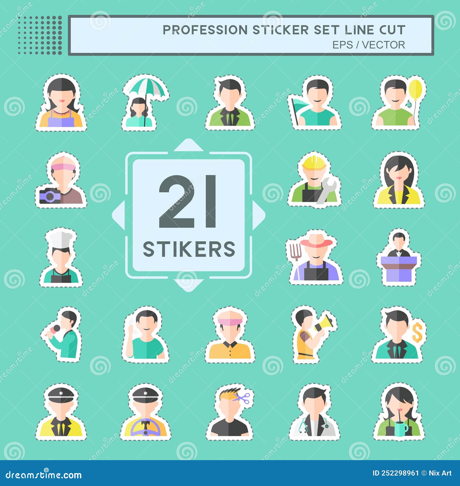 Profession Sticker Set in Trendy Line Cut Isolated on Blue Background ...
