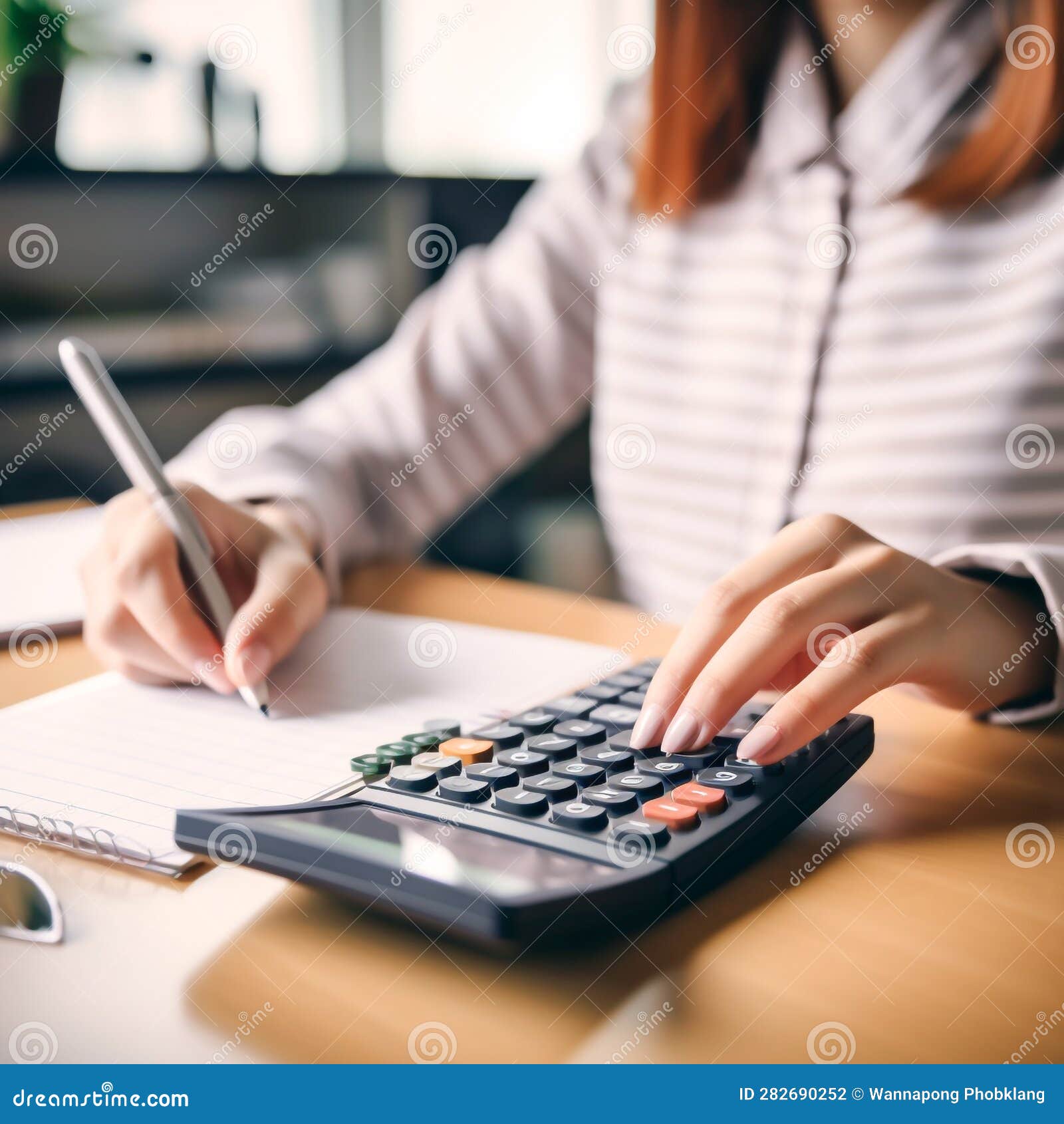 Modern AI-Generated Woman Working with Calculator in Office - Business ...