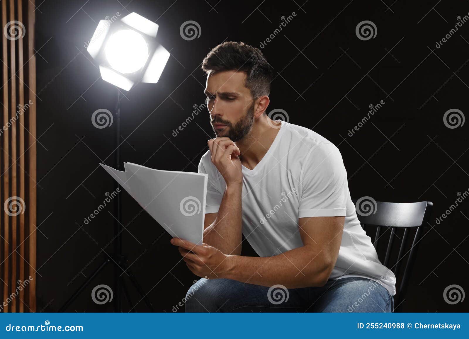 Professional Actor Reading His Script during Rehearsal in Theatre Stock ...