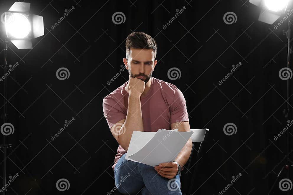 Professional Actor Reading His Script during Rehearsal in Theatre Stock ...