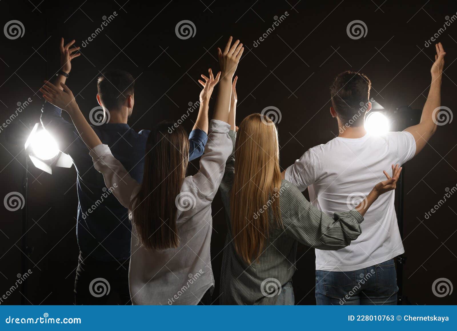 Professional Actors Bowing on Stage in Theatre, Back View Stock Image ...