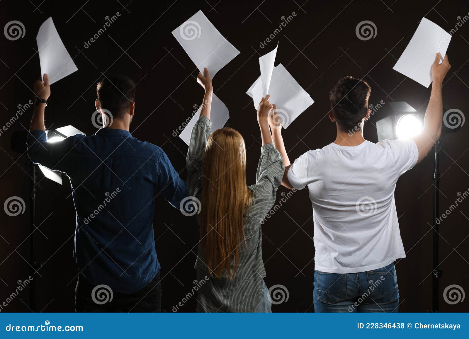 Professional Actors Bowing on Stage in Theatre, Back View Stock Photo ...
