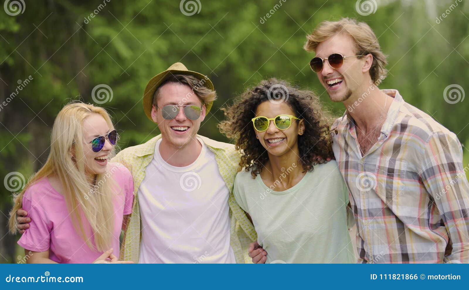 Professional Actors Hugging, Laughing, Posing for Camera Outdoors ...