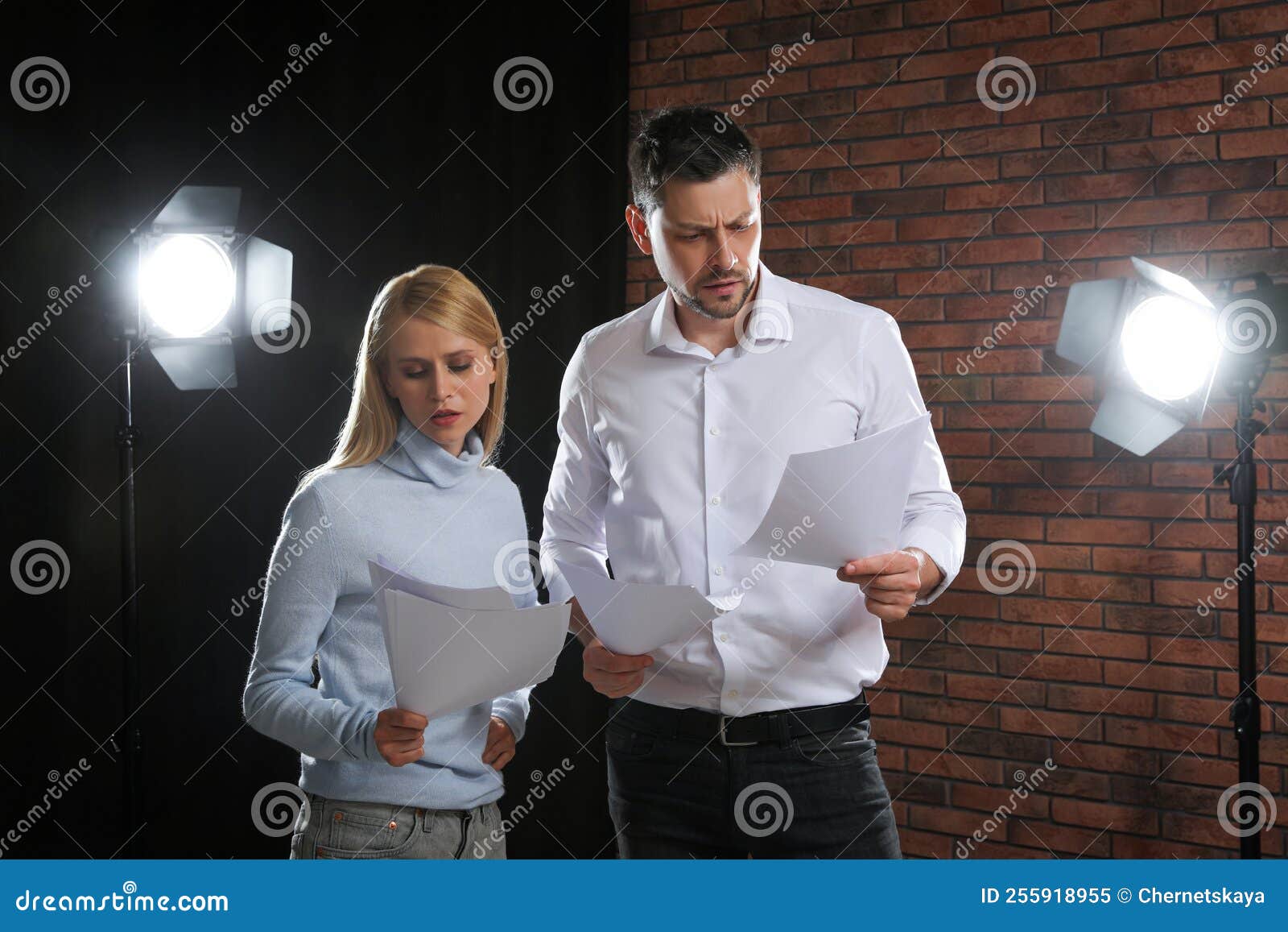 Professional Actors Reading Their Scripts during Rehearsal in Theatre ...
