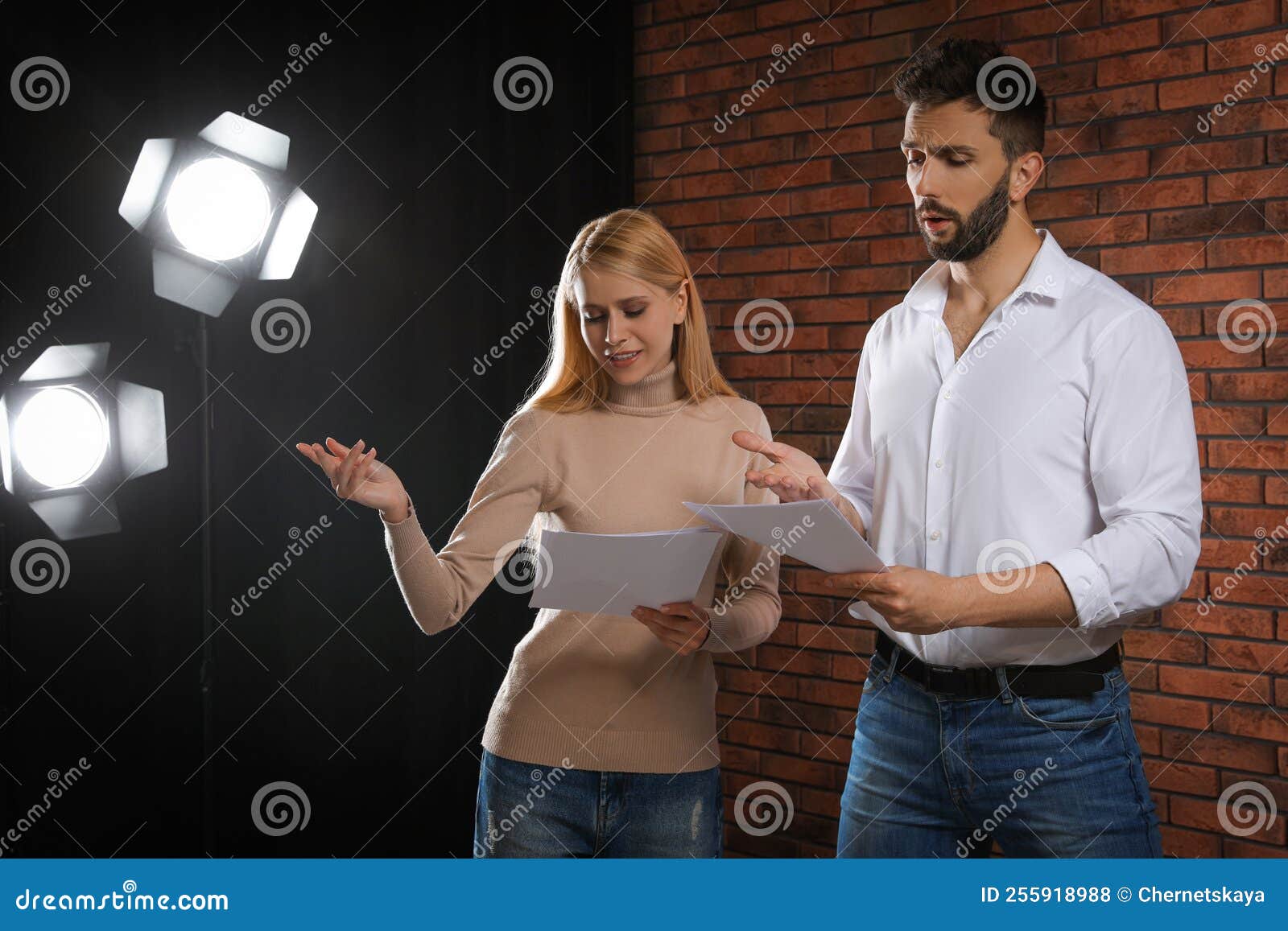 Professional Actors Reading Their Scripts during Rehearsal in Theatre ...