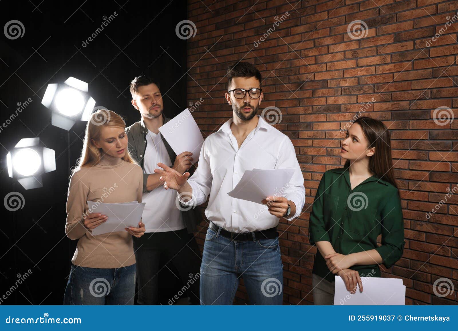 Professional Actors Reading Their Scripts during Rehearsal in Theatre ...