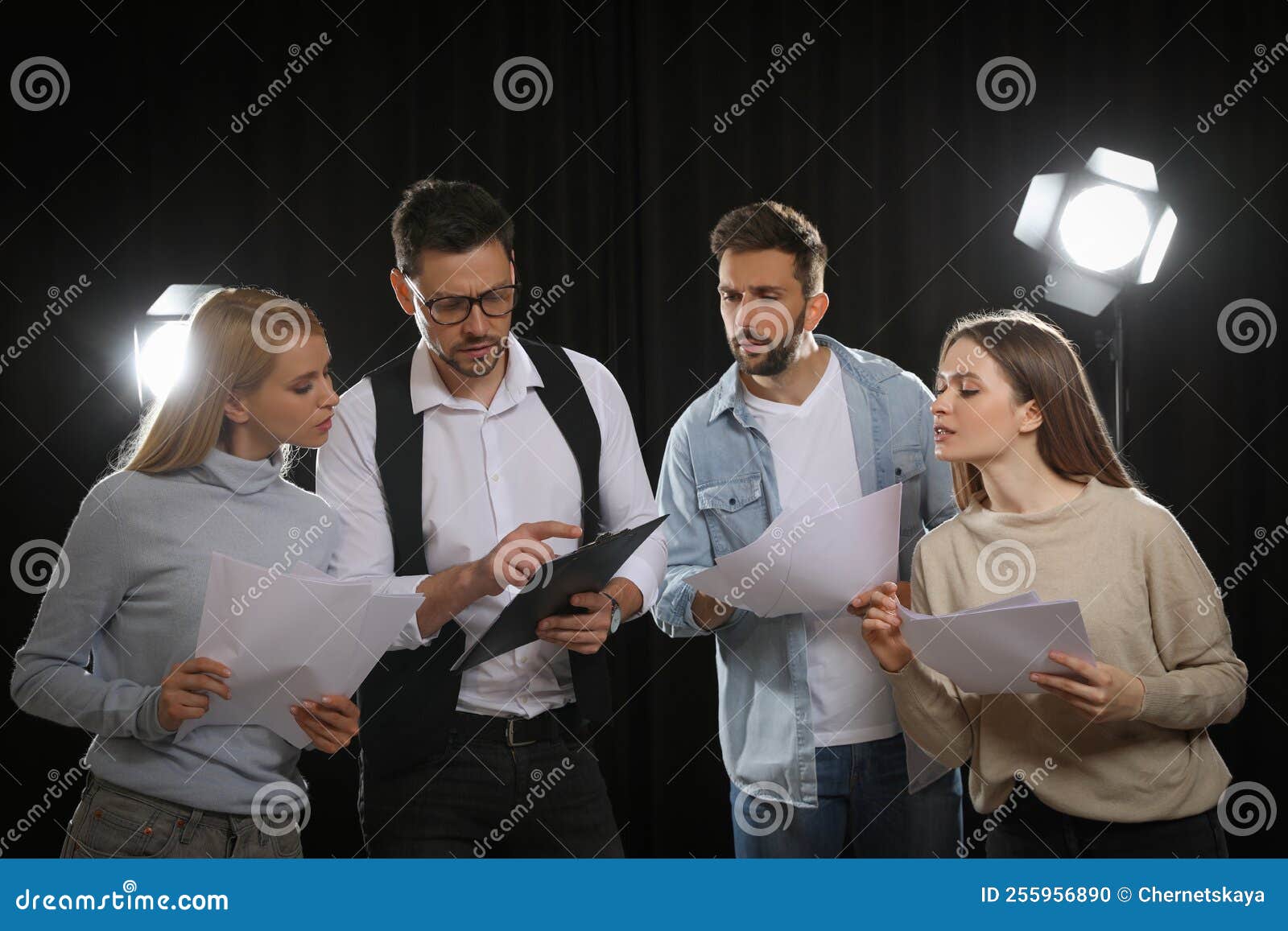 Professional Actors Reading Their Scripts during Rehearsal in Theatre ...