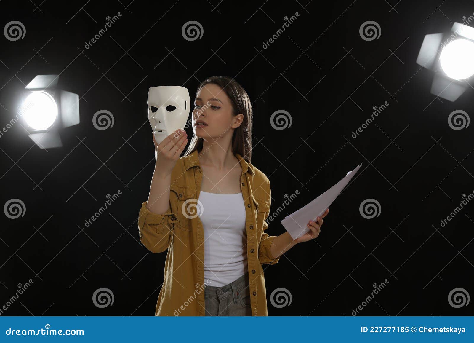 Professional Actress Reading Script during Rehearsal in Theatre Stock ...