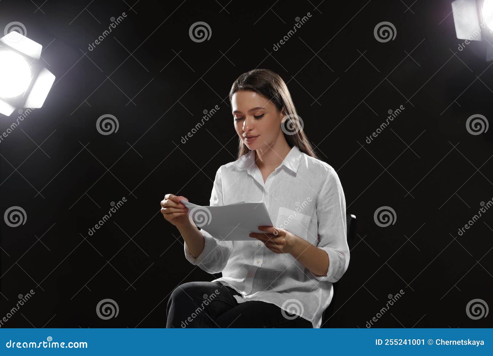 Professional Actress Reading Her Script during Rehearsal in Theatre ...
