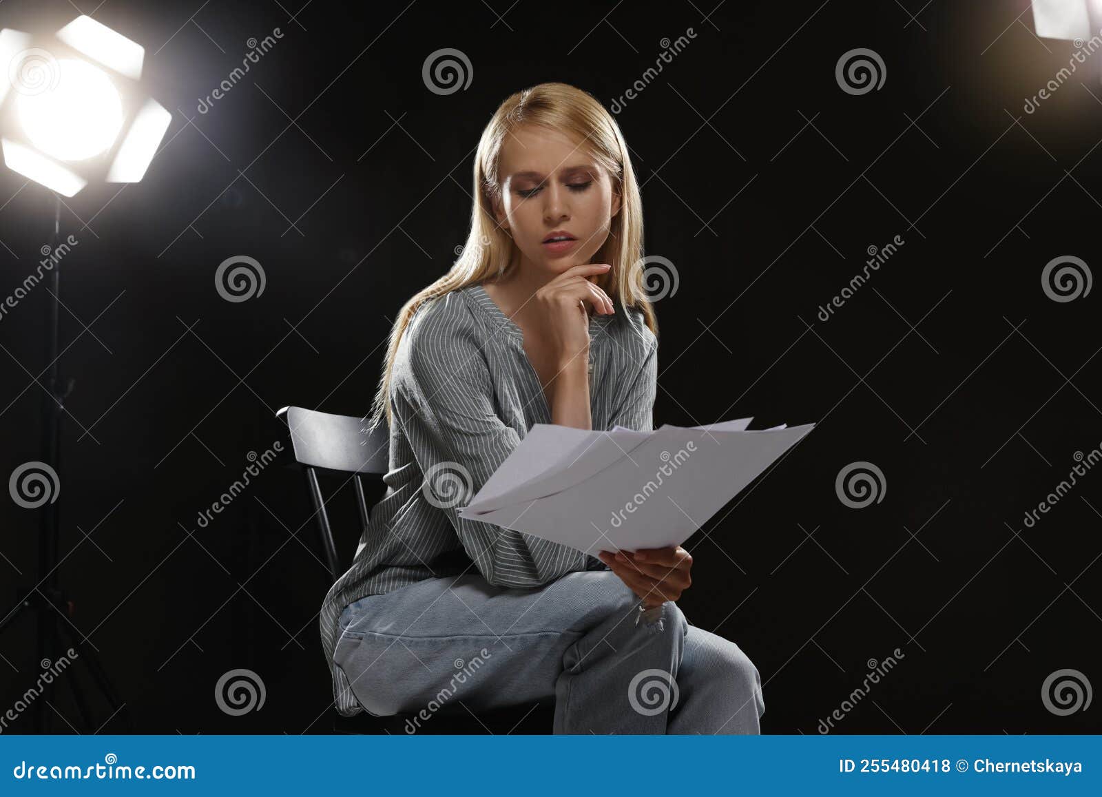 Professional Actress Reading Her Script during Rehearsal in Theatre ...