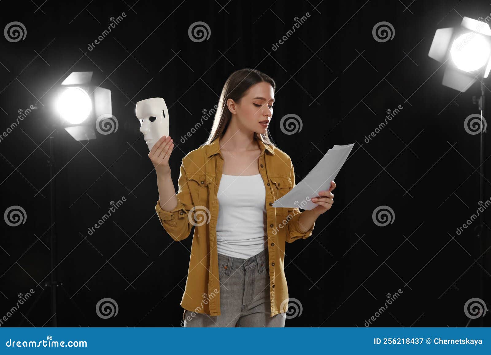 Professional Actress Reading Her Script during Rehearsal in Theatre ...