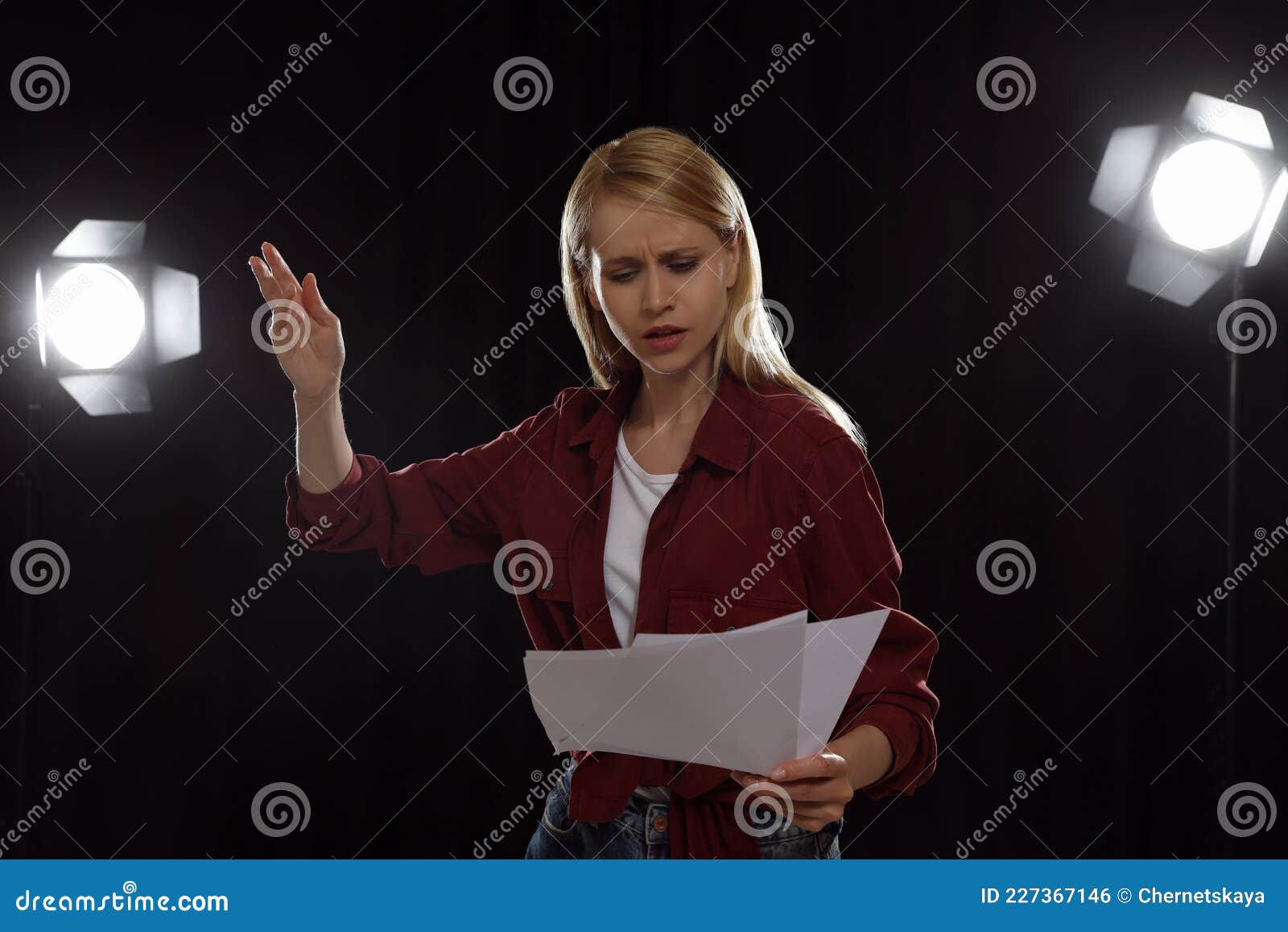 Professional Actress Reading Script during Rehearsal in Theatre Stock ...