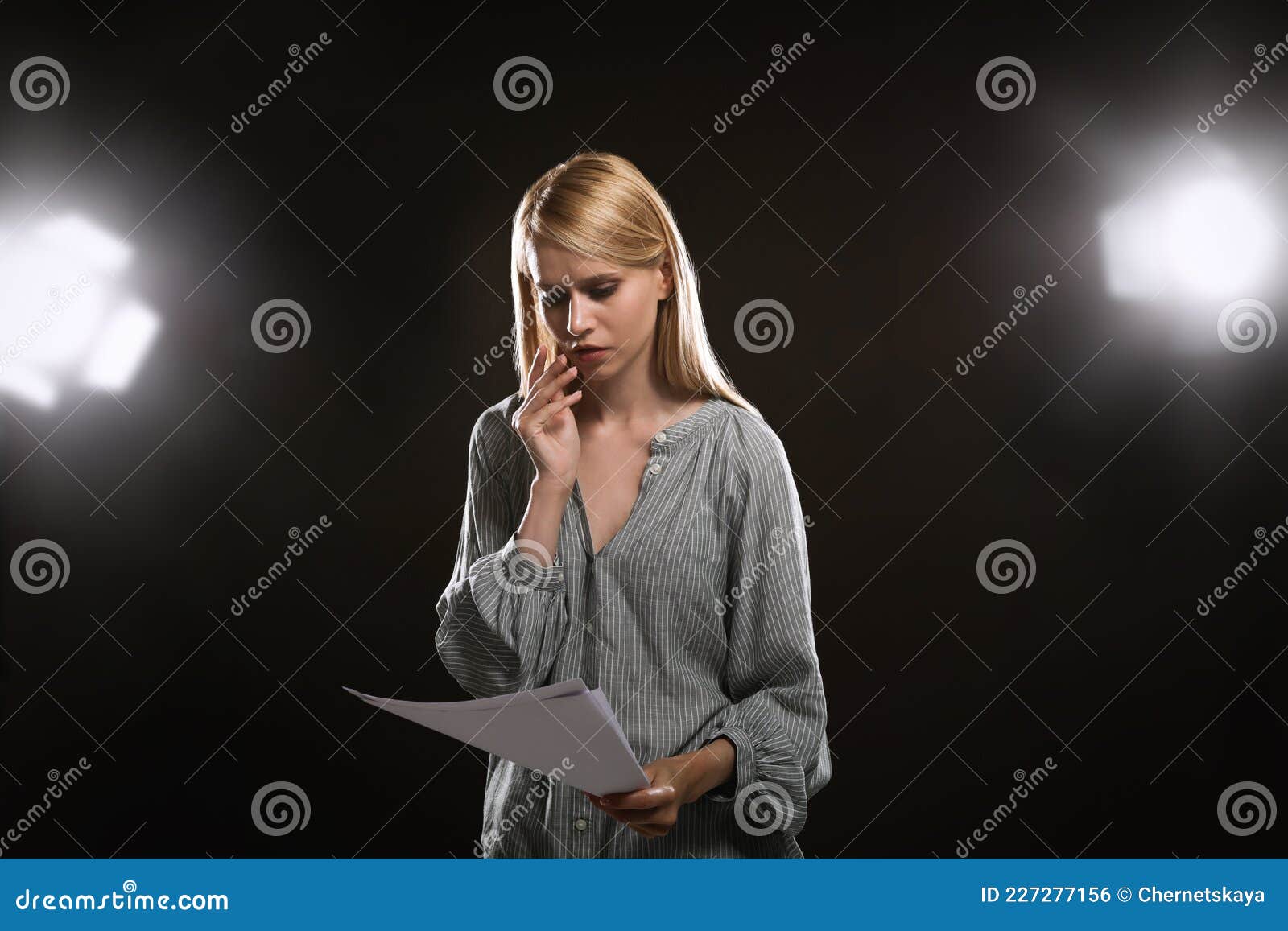 Professional Actress Reading Script during Rehearsal in Theatre Stock ...