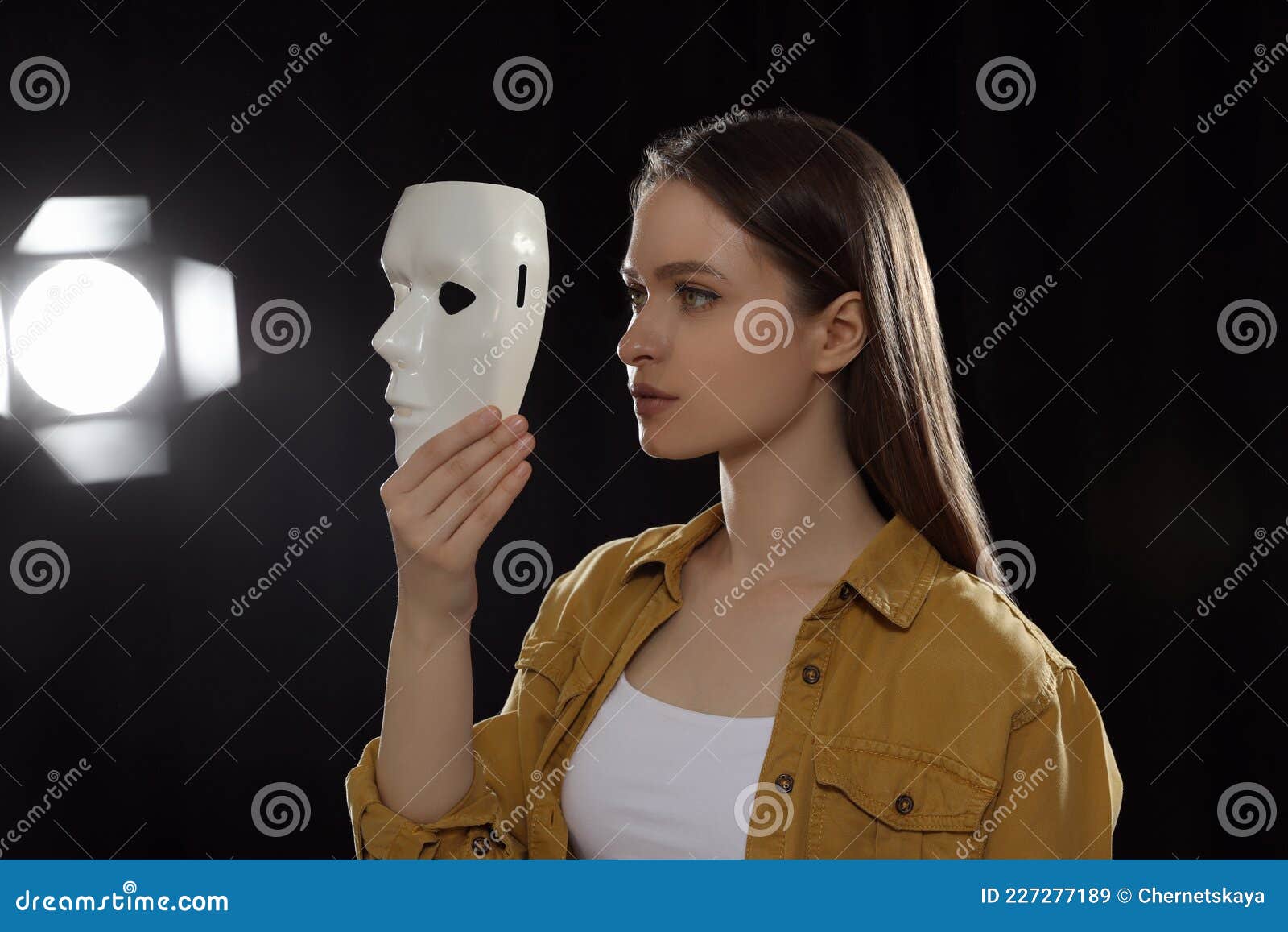 Professional Actress Rehearsing with Mask on Stage Stock Image - Image ...