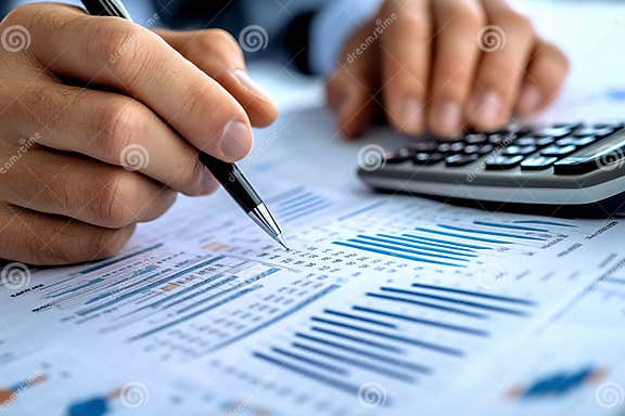 A Person Reviewing Financial Graphs and Calculations with a Calculator ...