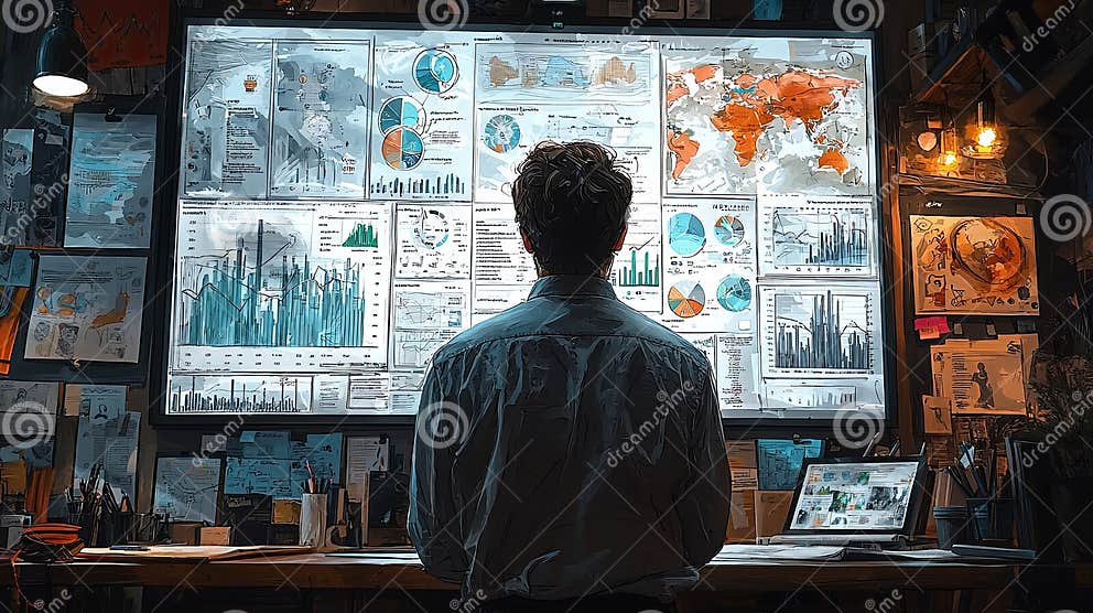 Professional Analyzing Data Charts and Graphics on an Illuminated Large ...