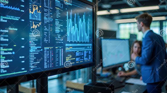 Professional Analyzing Data on Digital Screen, Colleagues Collaborating in Modern Office, Open ...