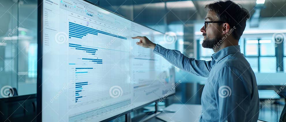 Professional Analyzing Data on Large Screen in Modern Office. Business Intelligence, Data ...