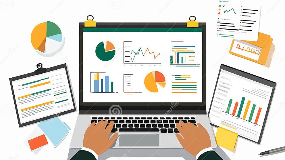 Professional Analyzing Digital Reports on Laptop Stock Vector ...