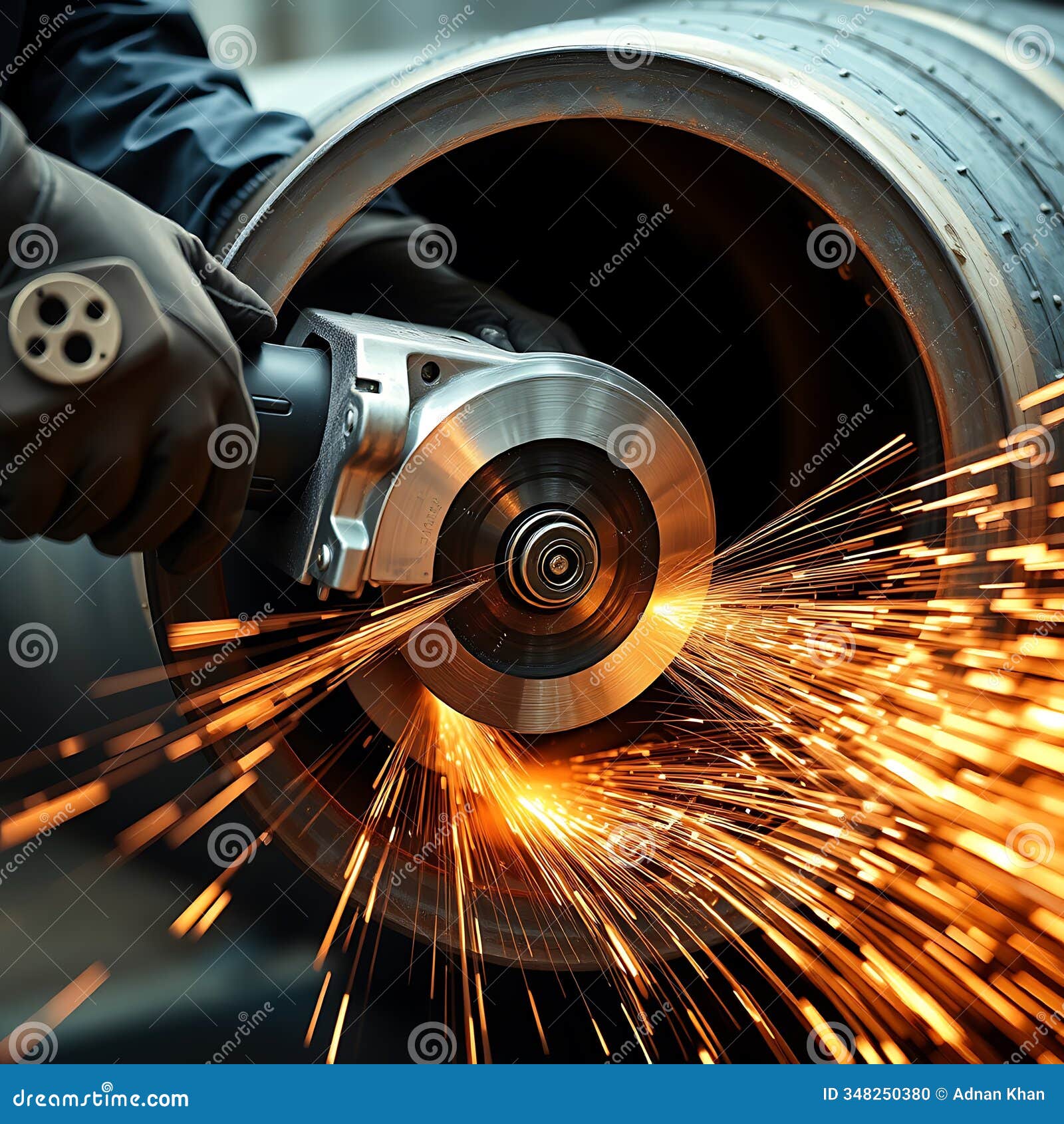 A Professional Angle Grinder Cutting through a Steel Pipe with a Focus ...