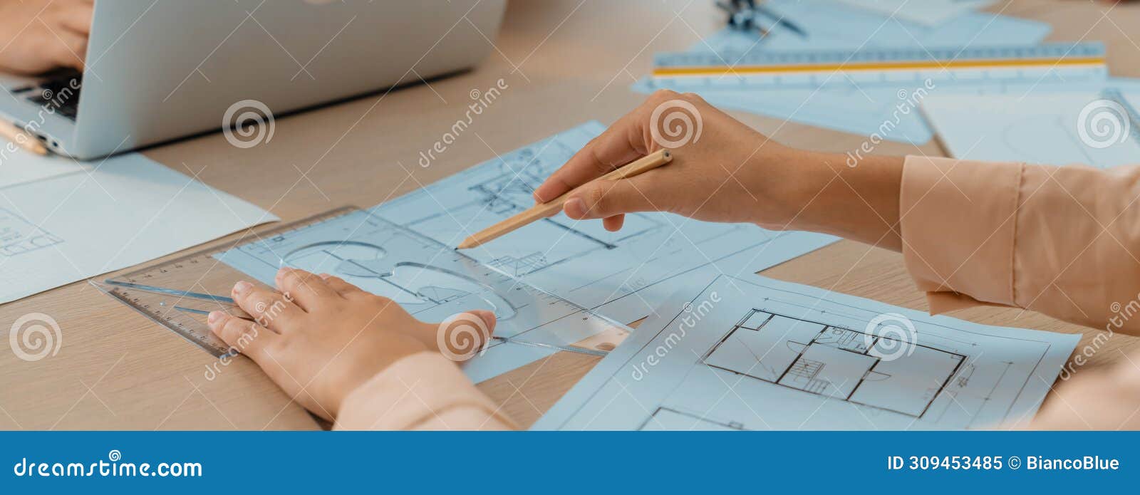 Professional Architect Drawing Blueprint during Meeting. Closeup ...
